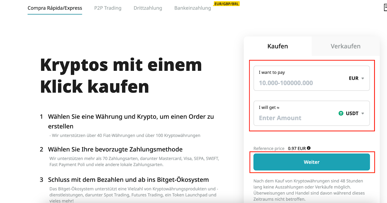 Krypto mit Fiat-Währungen auf Bitget kaufen