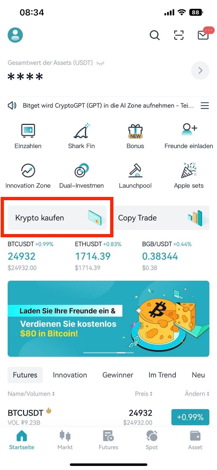 Krypto mit Fiat-Währungen auf Bitget kaufen